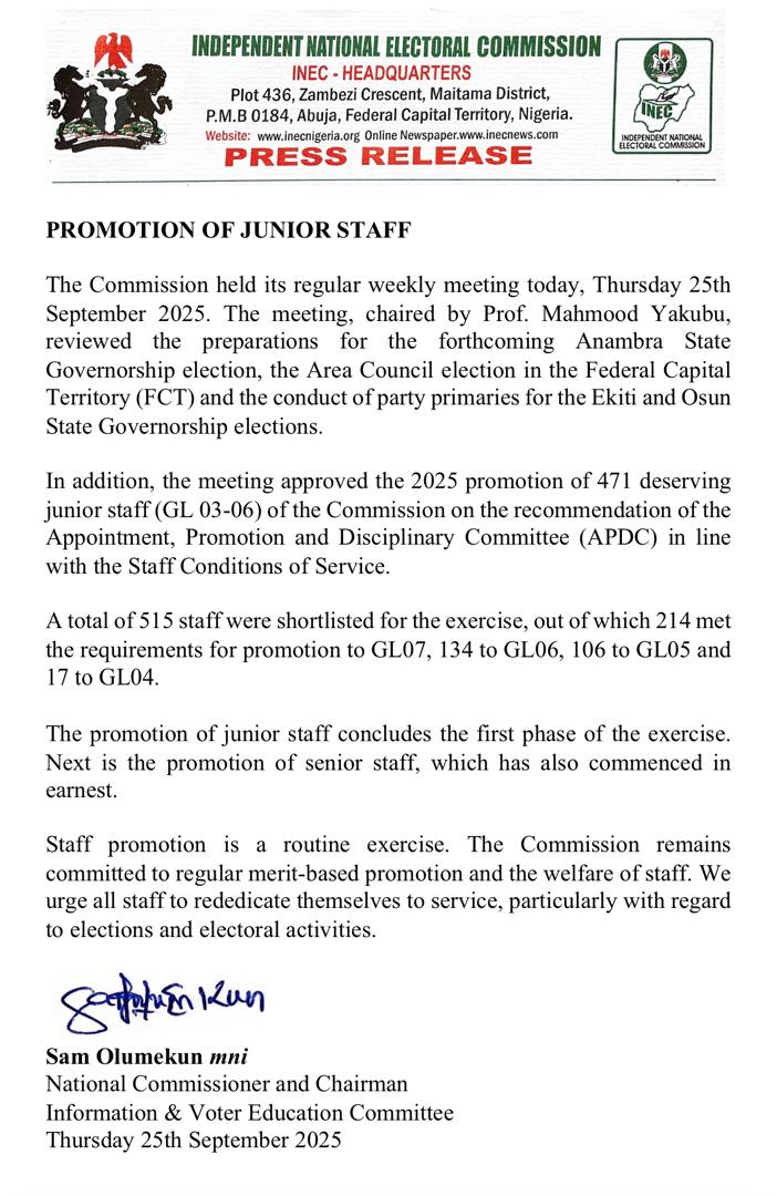 PROMOTION OF JUNIOR STAFF – INEC
