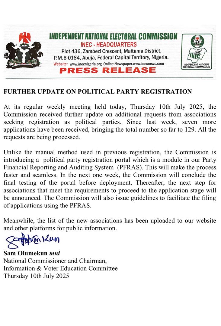 FURTHER UPDATE ON POLITICAL PARTY REGISTRATION – INEC